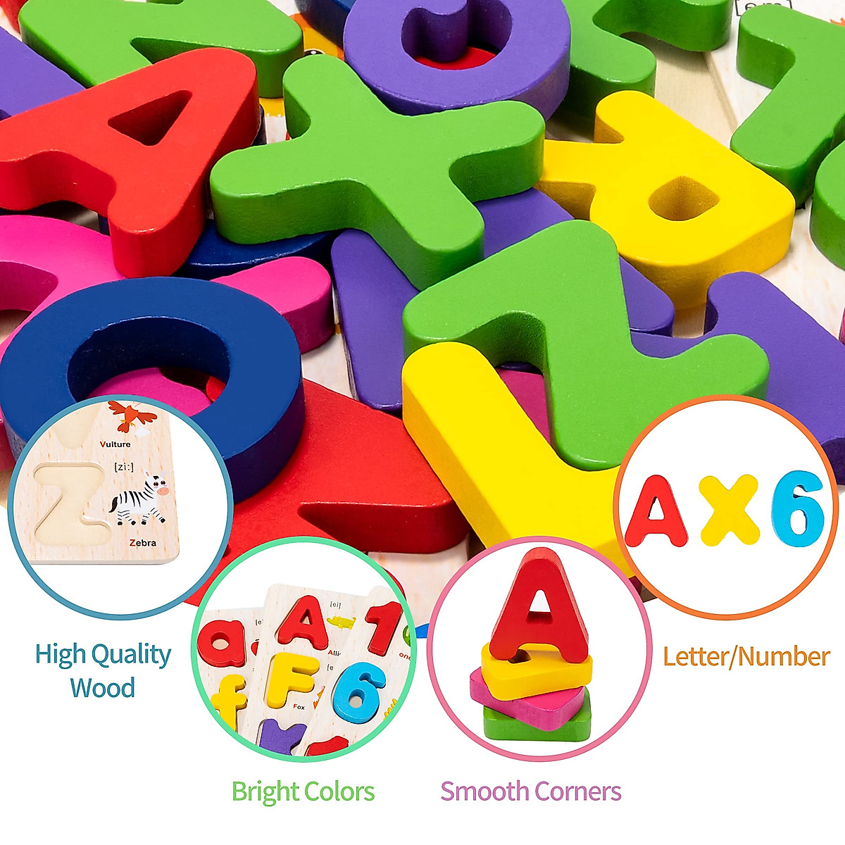 XJYQJD Wooden Alphabet Puzzle for Toddlers, 3 in 1 Lower Case Alphabet Letter Puzzles ABC Uppercase & Lowercase & Number Puzzle Set for Preschoolers Kids Ages 3-5 Alphabet Learning Educational Toy