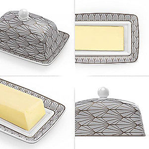 Porcelain Butter Dish With Lid, MEKY Butter Keeper With Handle Cover, Ceramic Butter Holder Container for Storing 1 Western Or Eastern Butter Stick