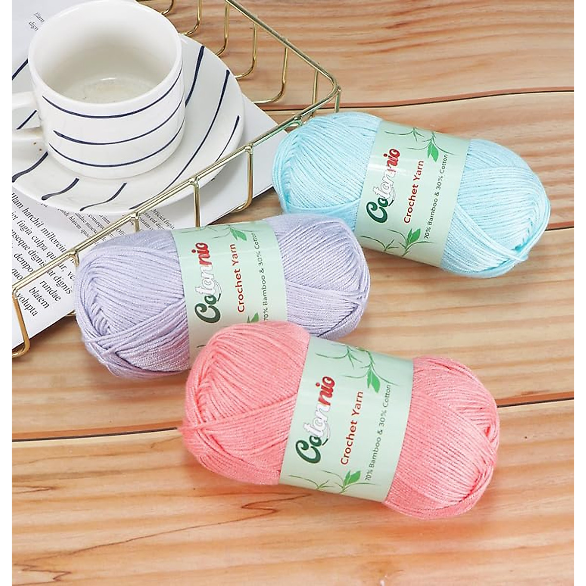 8 Skeins Crochet Knitting Yarn 70% Rayon derived from Bamboo, 30% Cotton Superfine Fingering Weight Sunny Cat Cotonnio Imported (Aegean Blue)