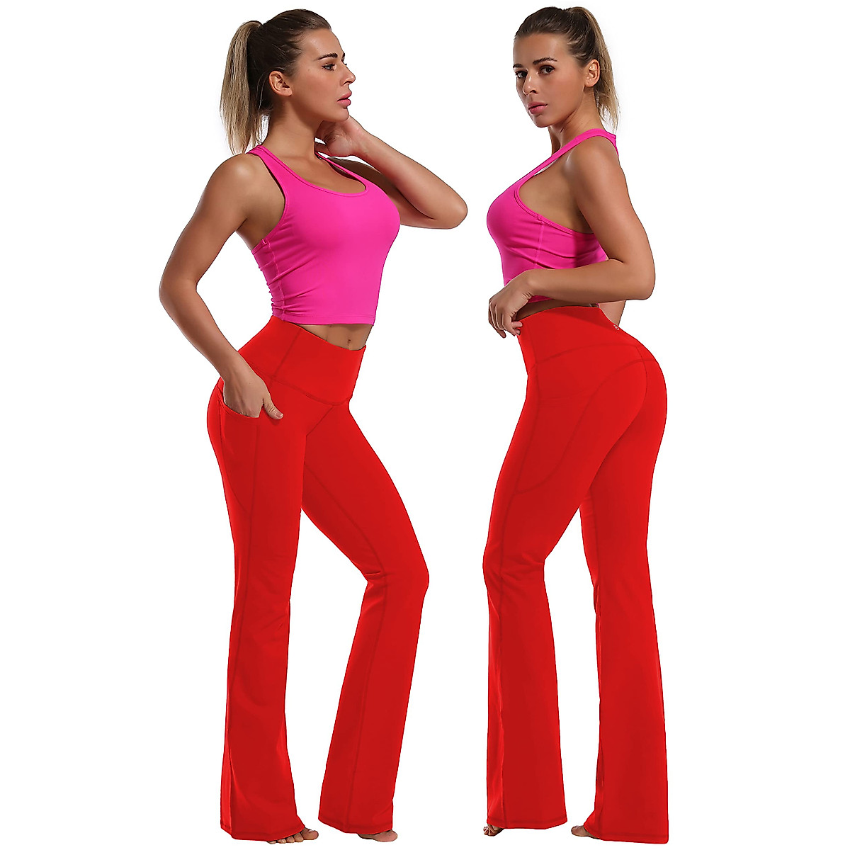 BUBBLELIME 29"/31"/33"/35" 4 Styles Women's Bootcut Yoga Pants Tummy Control - Side Pockets_Scarlet L_29" Inseam