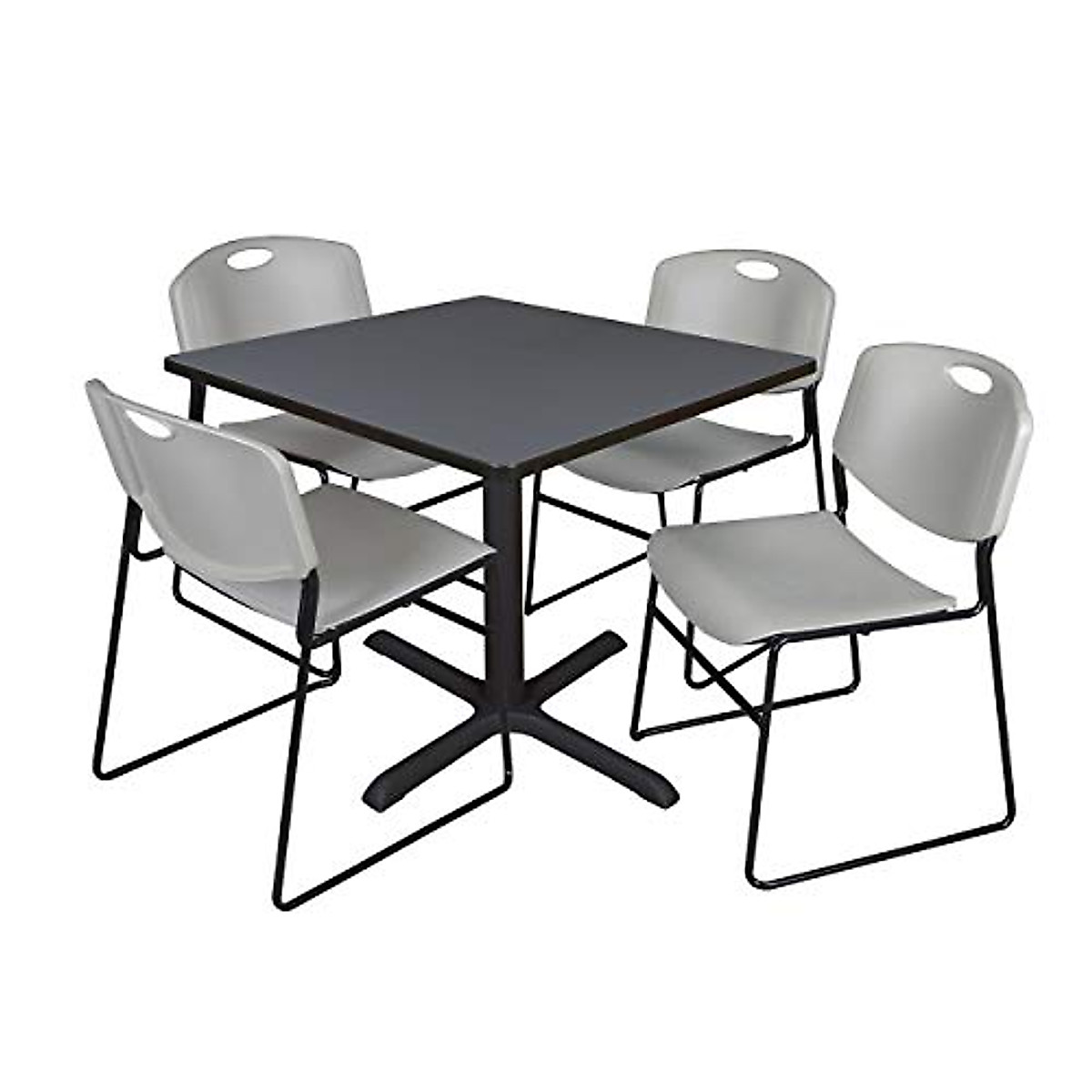 Cain 42" Square Breakroom Table- Grey & 4 Zeng Stack Chairs- Grey