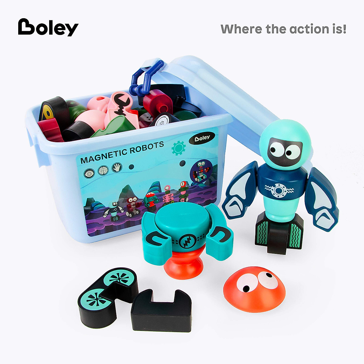 Boley Magnetic Robot Set - 35 Piece STEM Educational Magnet Building Toys for Kids - Creative Robot Construction Kit with Strong Magnets and Storage Box for Boys and Girls Ages 3 and Up