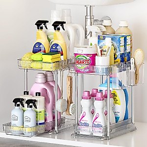 2 Tier Bathroom Cabinet Under Sink Organizers and Storage Clear, Multi-Purpose Kitchen Pantry Organization and Storage, Pull Out Medicine Cabinet Organizer Storage with Movable Dividers & Cups, 2 Set