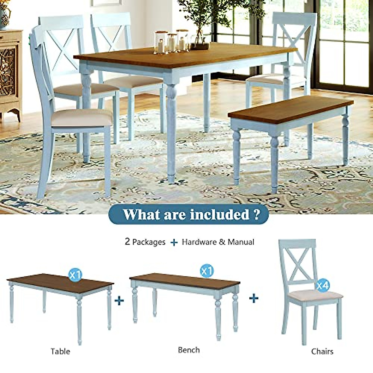 Harper & Bright Designs 6 Pieces Dining Table Set, Kitchen Table Set with Wood Dining Table, Bench and 4 Padded Dining Chairs, Walnut Top+ Light Blue Frame+Beige Seat