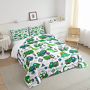 Construction Bedding Set Full Boys Cute Dinosaur Trucks Comforter Set Boys Girls Cartoon Equipment Truck Excavator Decor Comforter Dinosaurs Machinery Cars Quilt Set Green Dino Bedroom Duvet Set