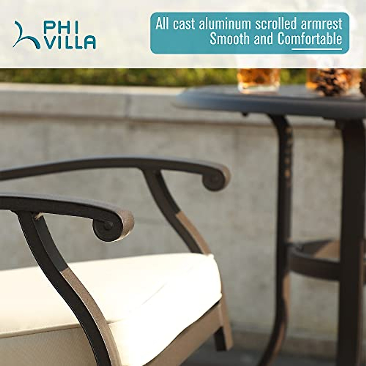 PHI VILLA Outdoor Swivel Bar Stools, Cast Aluminum Patio Pub Height Swivel Arms Chairs with Seat Cushion, Set of 2, Easy Assemble