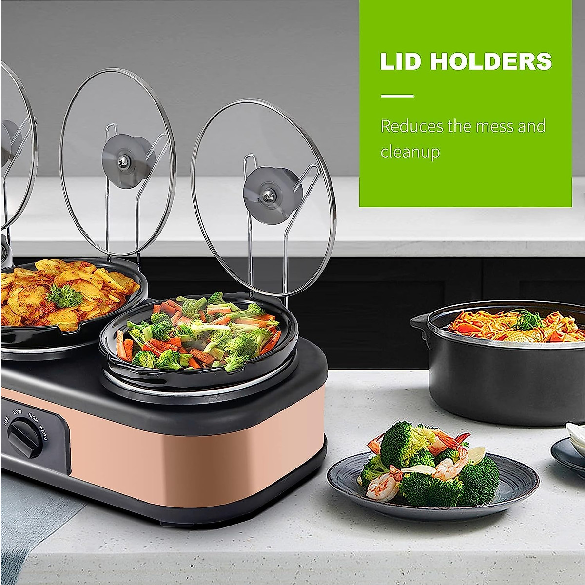 Slow Cooker, Dual Slow Cooker Black and Copper Triple Slow Cooker Buffet Server Multiple Pot Food Warmer, Slow Cooker Buffet Food Warmer Adjustable Temp Lid Rests Stainless Steel