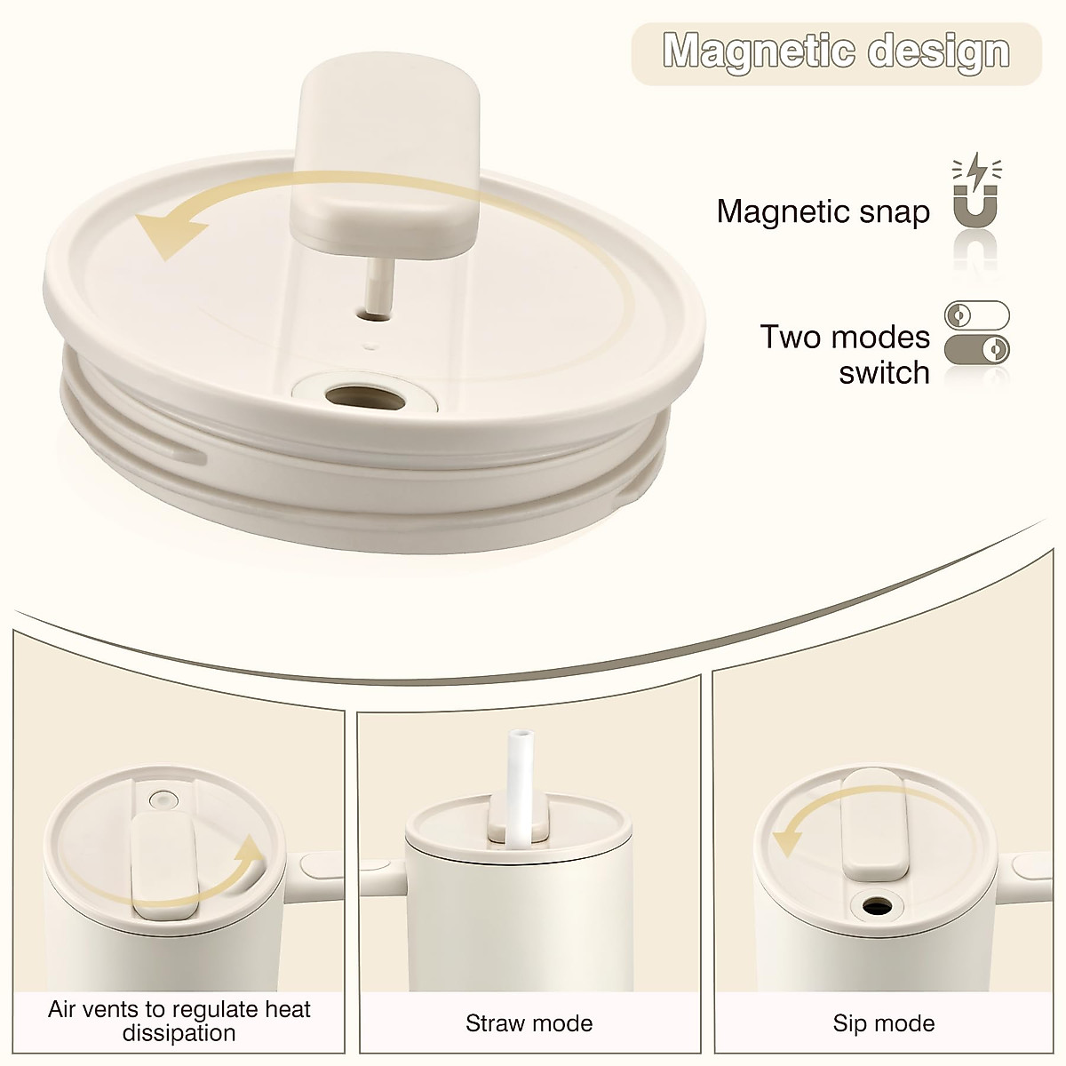 Pawtong 40oz Magnetic Lid Insulated Tumbler with Handle, 360° Rotating & Removable Cover, Leak-Proof Travel Mug with Soft Silicone Straw for Drivers, Commuters, Road Trips, Dishwasher Safe (Beige)