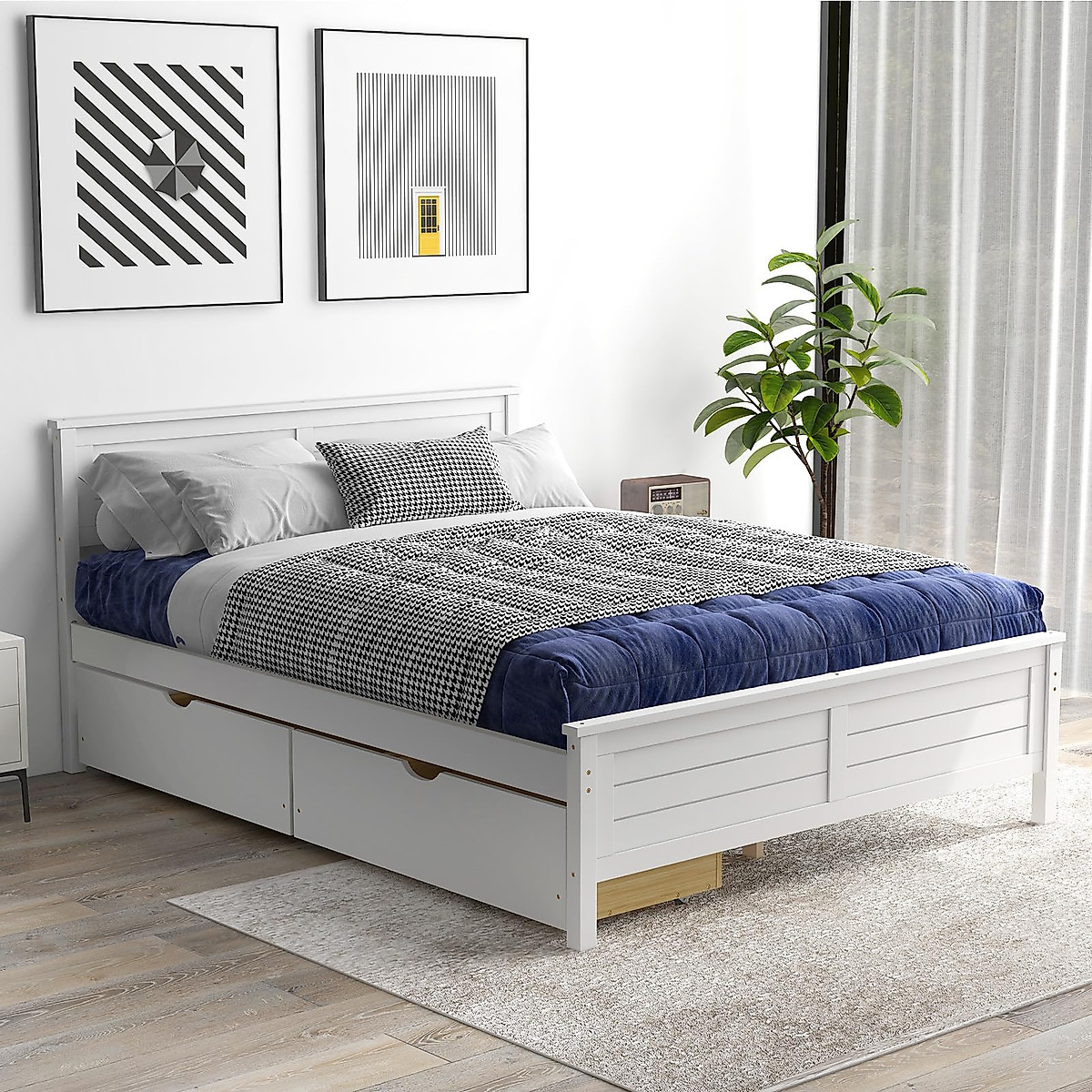 KOMFOTT Full Size Wood Bed Frame with 2 Storage Drawers, Mid Century Platform Bed Frame with Headboard, Sturdy Wooden Slats Support, Modern Mattress Foundation, No Box Spring Required, Easy Assembly