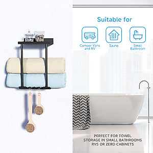 RRM Towel Racks for Bathroom, 2 Tier Wall Towel Holder, Metal Wall Towel Rack Mounted Towel Storage Towel Storage with 2 Tier Metal Shelf and 3 Hooks for Small Bathroom (Matte Black)