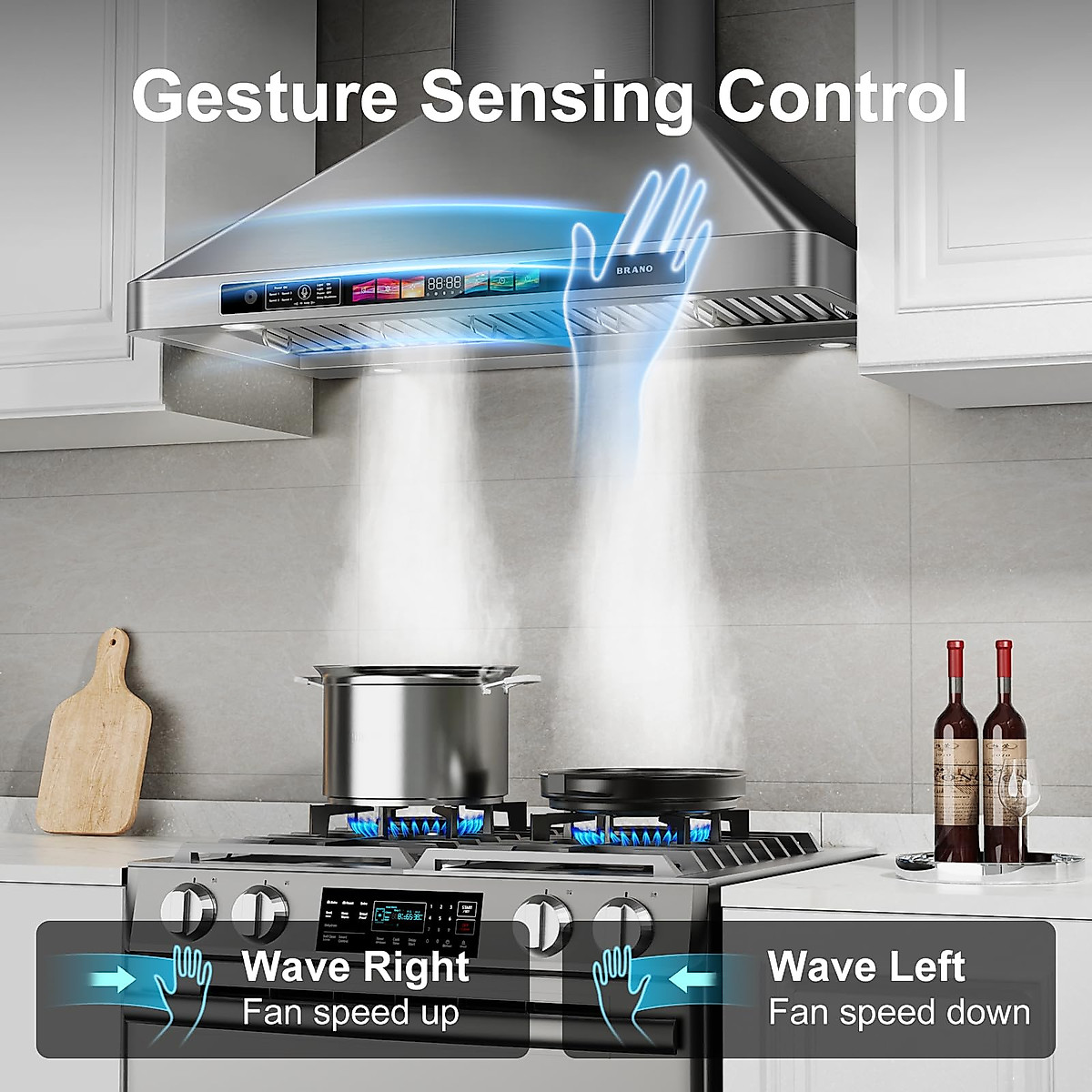 BRANO 30 Inch Wall Mount Range Hood with Voice/Gesture/Touch Control, 900 CFM Stainless Steel Kitchen Hood Vent with 4 Speed Exhaust Fan, 4 Adjustable Lights, Memory Mode, Ducted/Ductless Convertible