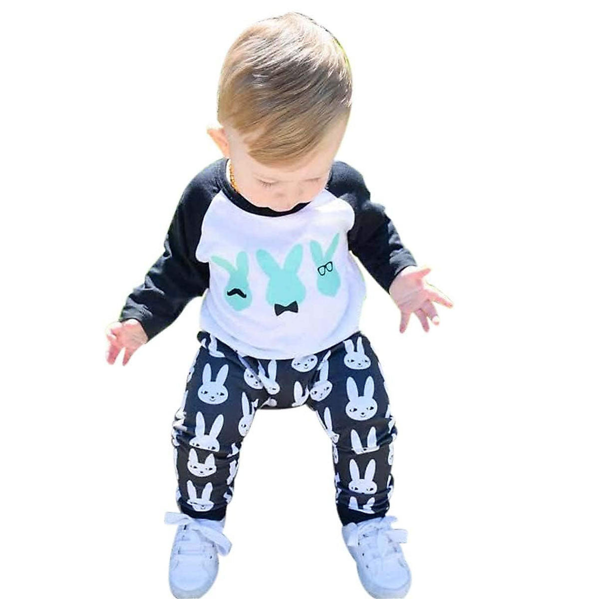 CM C&M WODRO Toddler Baby Boys Easter Sets Infant Bunny Printed Newborn Outfit Spring Fall Winter 0-24M (Black+White, 2-3T)