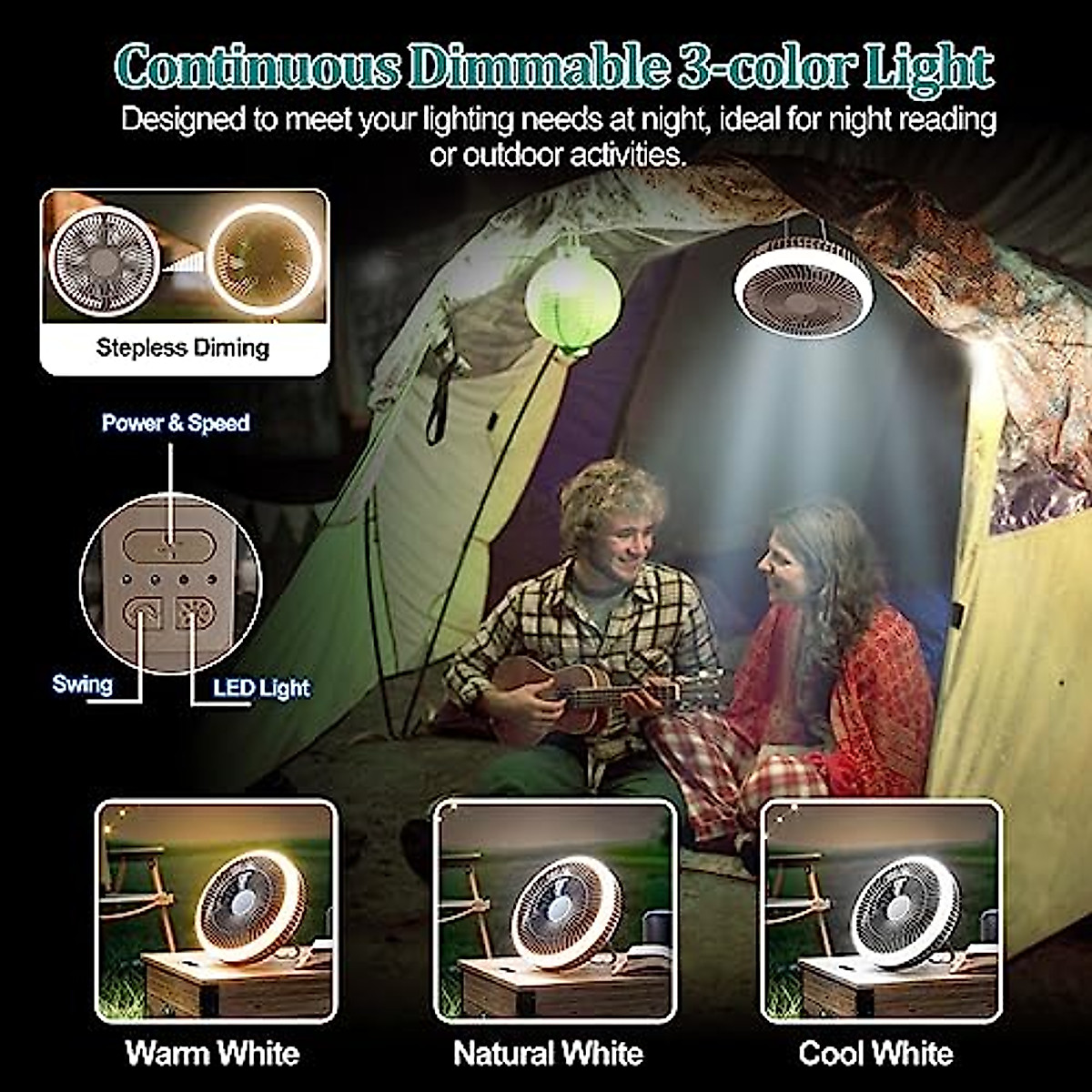 Smart Standing Fan, 9.5" Rechargeable Camping Fan Built in 10000 mAh Battery, Oscillating Fan with Adjustable Height Tripod, Floor Standing Fan with Bluetooth Connect APP Control Speeds, Timer, Lights