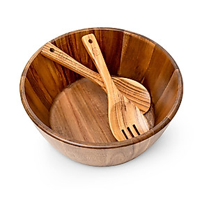 E&WES CO Large Solid Wood Salad Bowl Set 12-Inch Diameter With Wooden Utensils Spoon And Fork - Bowls Great For Mixing