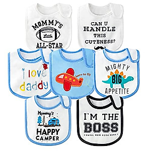 2ooya 7Pcs Cotton Waterproof Baby Bibs Adjustable Hook Loop Closure Infant Bib Unisex Blue Newborn Babies Infant Food Bibs Keepsake Baby Gift for Drooling Feeding Eating Teething, 6-12 Months