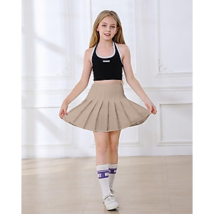 SHOOYING Women's Pleated Short Skirt High Waist Tennis Plain A-line Mini School Uniform Short Skirt with Lining Shorts, Light Khaki, US Size M
