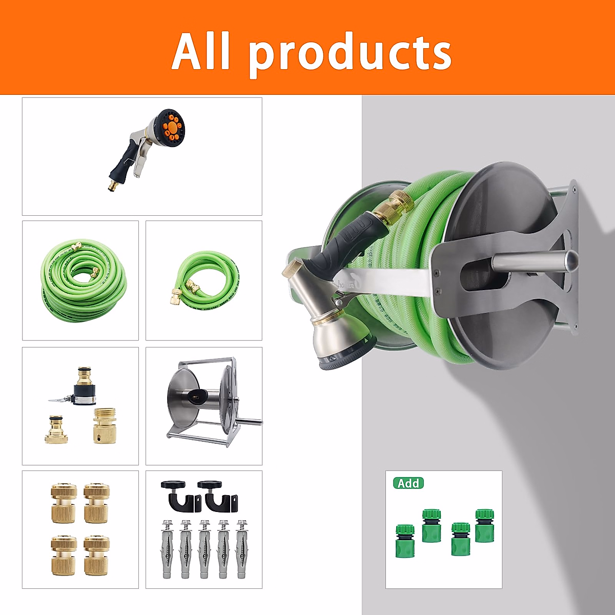 cestzwx Garden Hose Reel, 3/4 Inch x 82 ft + 6 ft Wall Mount Hose Reel, 9 Patterns Hose Nozzle, Heavy Duty Stainless Steel Hose Reel，for Garden Watering