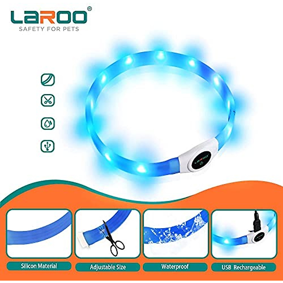 LaRoo LED Light Up Dog Collar, Cutable Silicon USB Rechargeable Glow Light Collar for All Dogs, Waterproof 3-Modes Flashing Dog Collar for Dark Outdoor Training Playing (25.5 inch/65 cm)