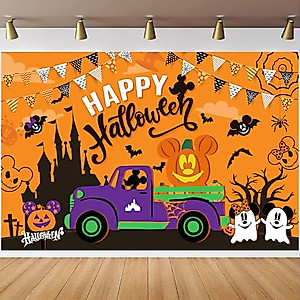 YUNKELIU Cartoon Mouse Happy Halloween Backdrop, Mouse Halloween Theme Party Decorations Happy Halloween Backdrop Banner Halloween Party Decorations for Halloween Indoor Outdoor Party Supplies