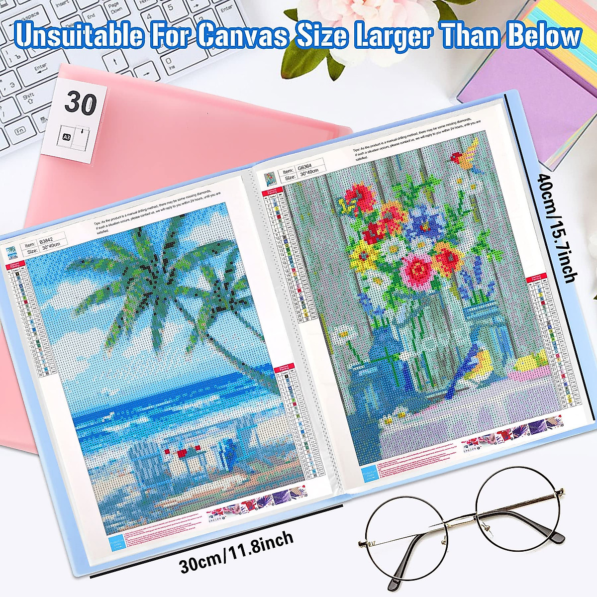 UPINS A3 Diamond Painting Storage Book for Diamond Painting Kits, 2Pack 30 Pages Diamond Art Painting Portfolio Presentation Storage Book Folder Clear Pockets 11.8 X15.7inches (Blue + Pink)