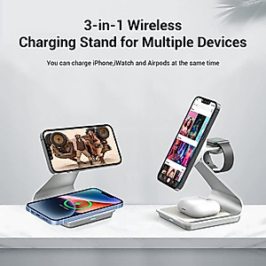 Foscomax 3 in 1 Magnetic Wireless Charging Station, 28W Fast Wireless Mag-Safe Charger Stand with QC3.0 Adapter,for iPhone 14,13,12 Pro Max/Pro/Plus, iWatch Ultra/8/se/7/6/5/4/3/2, AirPods(Silver)