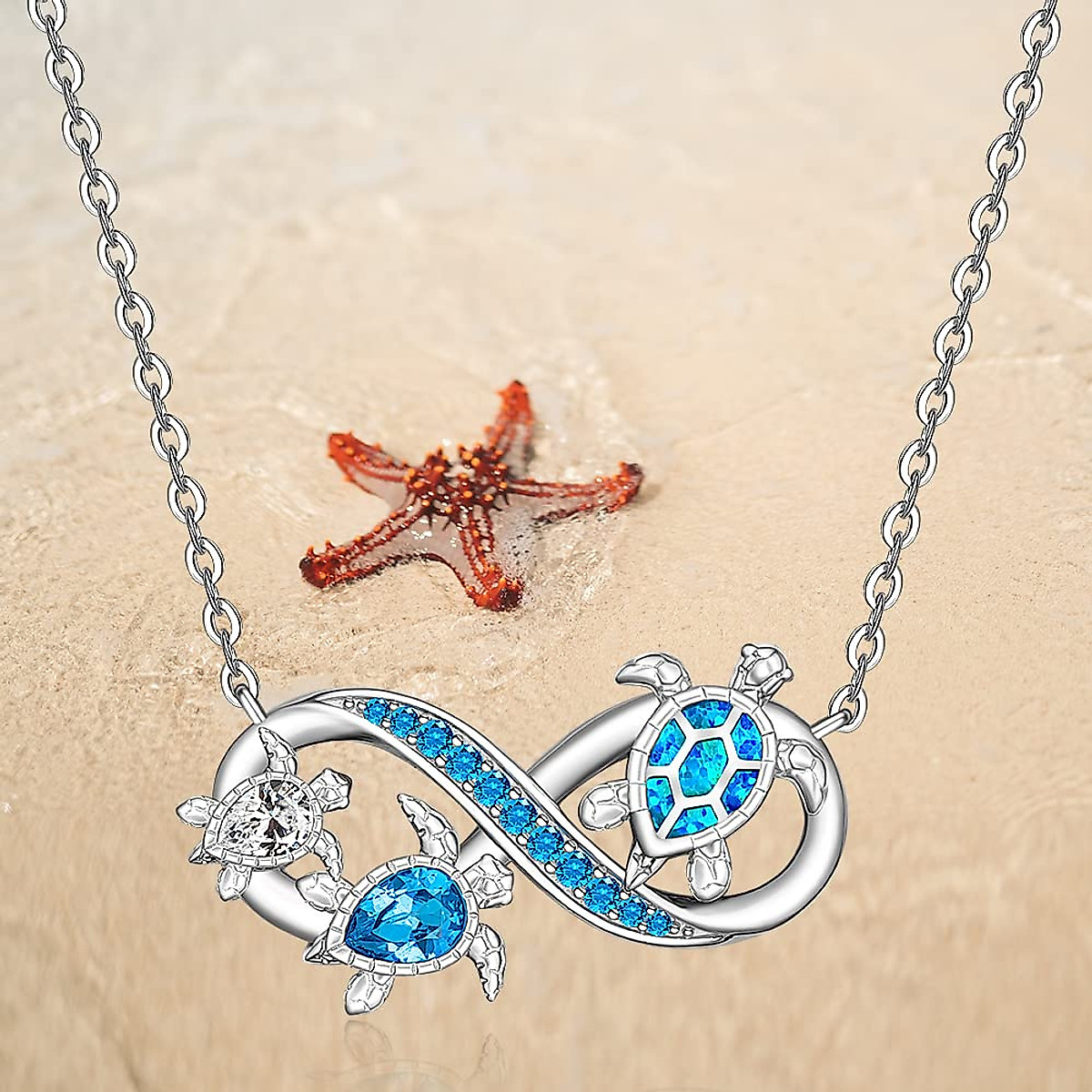 Turtle Necklace for Women Mom Sterling Silver Sea Turtle Pendant Infinity Mother and Daughter Necklaces Blue Opal Tortoise Ocean Wave Jewelry Mothers Day Gifts