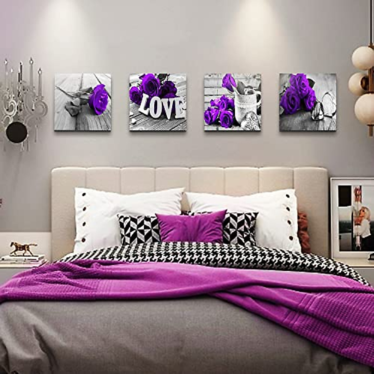 Purple Pictures Wall Decor Flowers Canvas Wall Art for Couples Bedroom Romantic Rose Bathroom Painting Black and White Grey Love Themed Floral Poster Living Room Modern Home Decorations 12x12" 4 Pcs