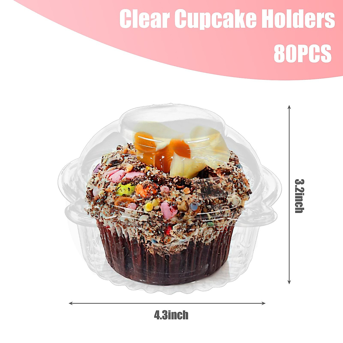 HANSGO 80Pack Individual Cupcake Containers with Lid, 4.3 x 3.2 Inches Plastic Clear Cupcake Holder for Wedding Baby Shower Birthday Party Supply