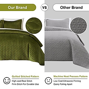 Ivellow Velvet Quilt Queen Size Green Lightweight Velvet Comforter Set Oversized Bedspread Coverlet Full for All Season 3Pcs Luxury Quilted Bedding
