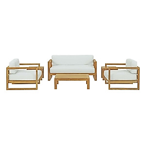 Modway Upland Teak Wood Outdoor Patio 6-Piece Sectional Sofa Set with Cushions in Natural White