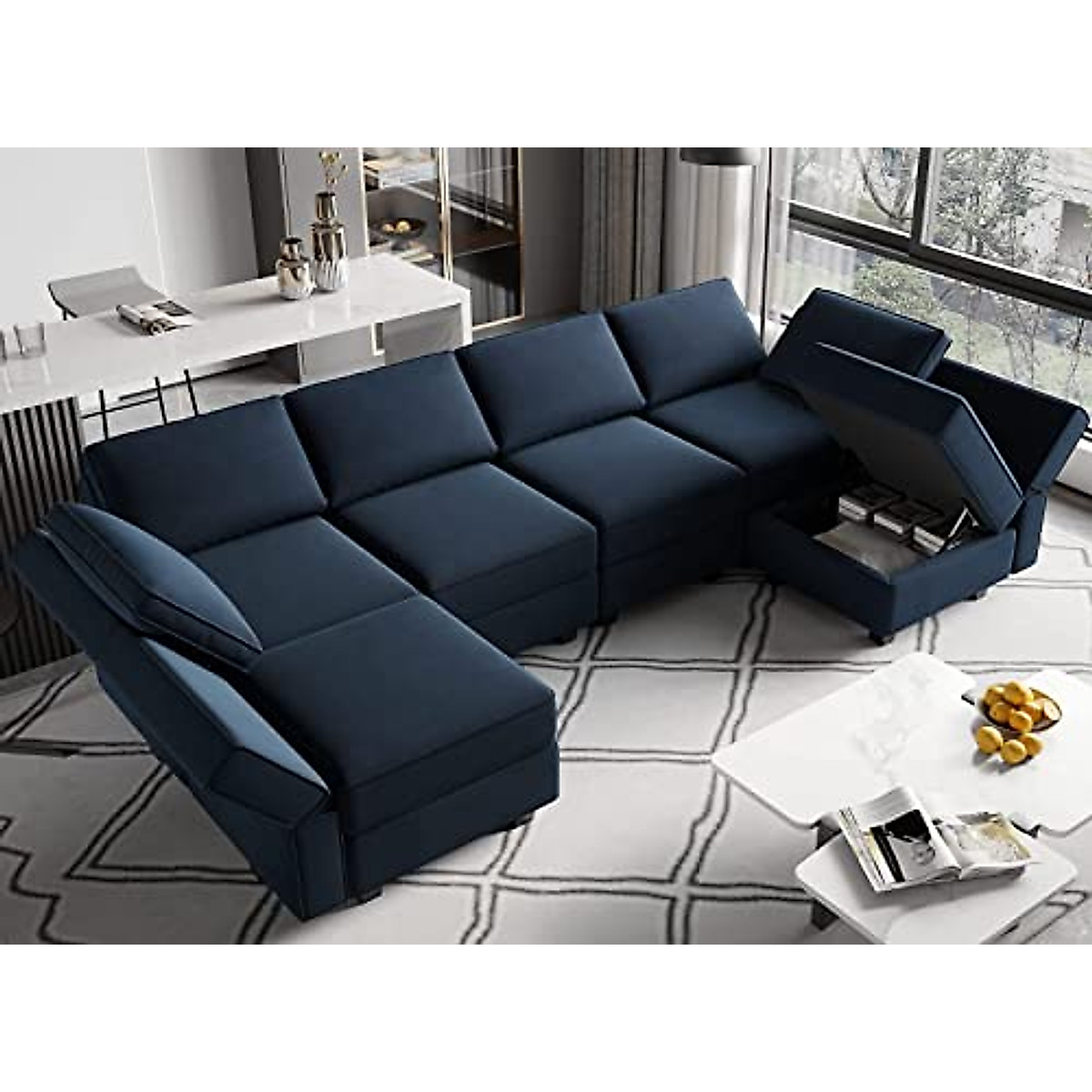 Belffin Modular Sectional Sofa U Shaped Couch with Storage Seat Reversible Sectional Sofa Couch with Chaise Velvet Blue
