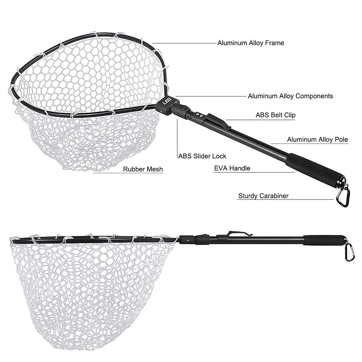 AIKENR Folding Fishing Net, Fly Fishing Landing Net Soft Rubber Safe Catch and Release, Aluminum Alloy Frame and Comfortable EVA Handle with Sturdy Carabiner