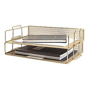 Blu Monaco Gold Desk Organizer Tray 2 Tier - Metal mesh Inbox Paper File Tray Office Supplies Stackable Desk Organizers and Accessories for Office Organization Desk Accessories & workspace Organizers