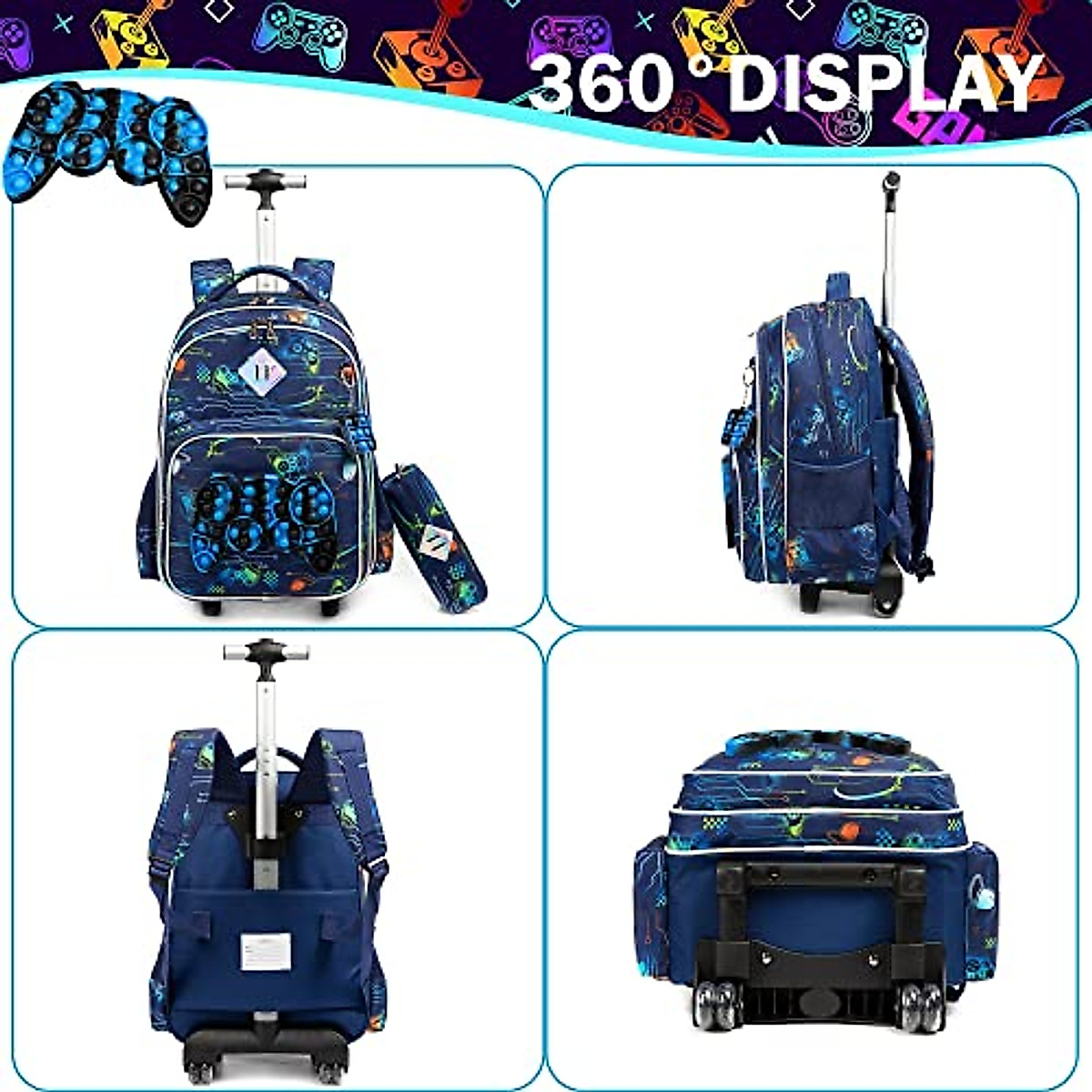 Meetbelify Rolling Backpack for Boys with Wheels Kids Travel Suitcase Laptop Luggage with Lunch Box Set for Boys Age 6-8