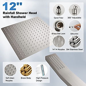 Shower System, HotQing 12 Inche Bathroom Luxury Rain Mixer Shower Combo Set Wall Mounted Square Rainfall Shower Head System Shower Faucet Fixture Combo Rough-in Valve Body and Trim Brushed Nickel