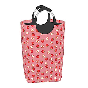 BEITUOLA Strawberry Laundry Basket Cute Fruits Laundry Hamper Pink Strawberries Collapsible Laundry Baskets with Handle Laundry Bag Dirty Clothes Hamper for Dorm Family Bathroom Decor Storage 50L