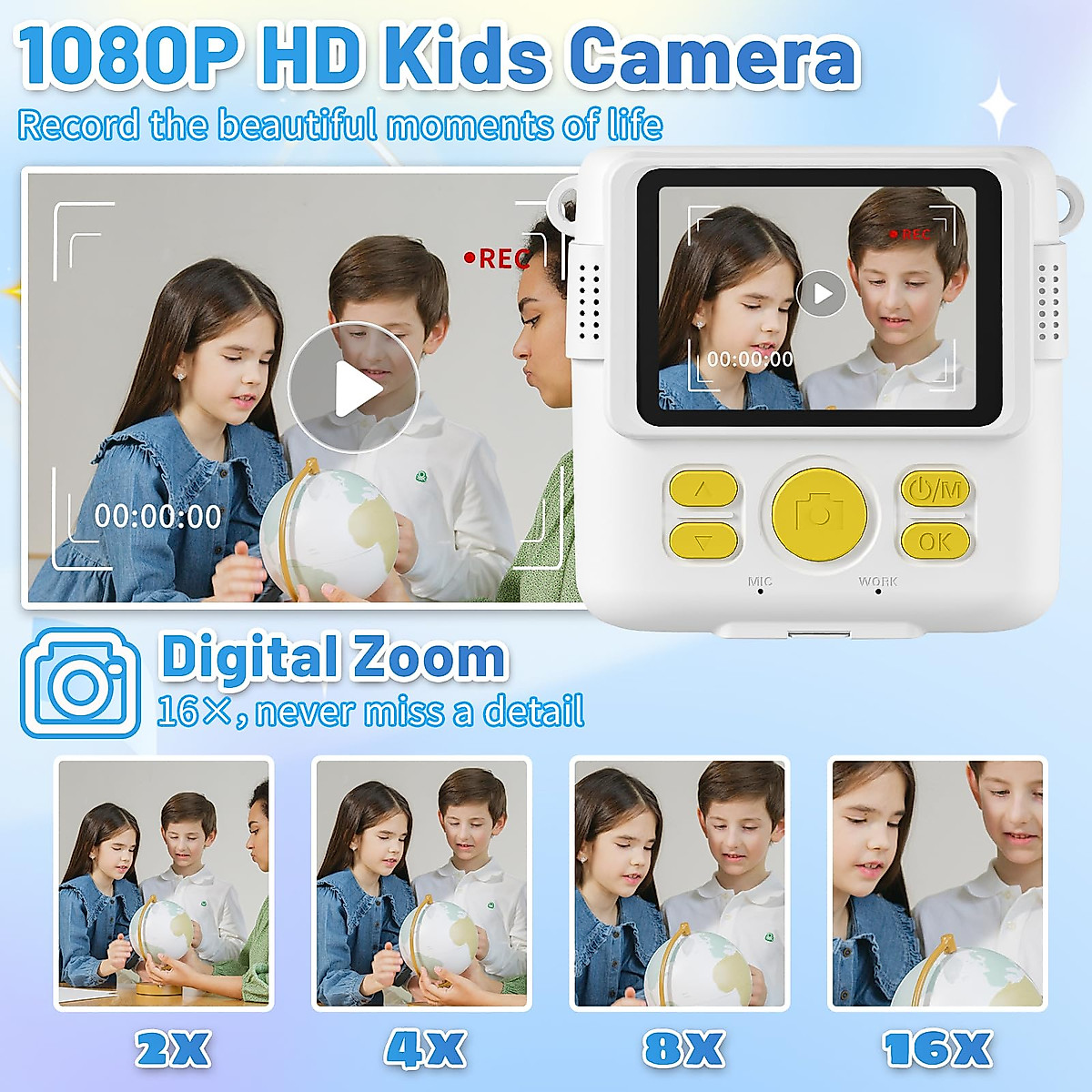 Instant Print Camera for Kids with 3 Rolls of Printer Paper, 1080P Toddler Digital Camera Toys for Age 3-12 with 32GB SD Card, Christmas & Birthday Gifts for 3 4 5 6 7 8 Year Old Girls & Boys (White)