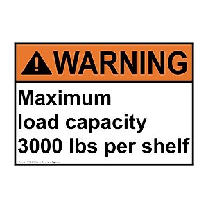 ComplianceSigns.com Warning Maximum Load Capacity 3000 Lbs Per Shelf ANSI Safety Label Decal, 5x3.5 in. 4-Pack Vinyl for Industrial Notices
