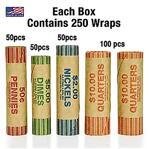 250 Coin Wrappers - Assorted Sizes - 100 Quarters, 50 Pennies, 50 Nickels and 50 Dimes - Made in USA - Durable Preformed Paper Tubes