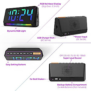 Super Loud Dual Alarm Clock with Ultrathin Bed Shaker, 99dB Loud Buzzer, Large RGB Rainbow Display, LED Night Light, USB Charger Port, Bedside Vibrating Alarm Clock for Heavy Sleepers, Adults, Bedroom