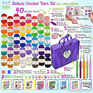 Premium Crochet Yarn Kit | 40 Colorful Acrylic Yarns (875 Yards), All Crocheting and Knitting Supplies for Yarn Crafts, and Books for Design Inspirations | Ideal Starter Set for Beginners and Adults