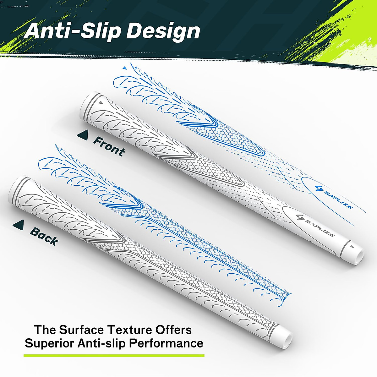 SAPLIZE Classic Rubber Golf Grips 13 Pack, High Feedback, Non-Slip, 13 Grips with 15 Tapes, Midsize, Blue, CC01 Series