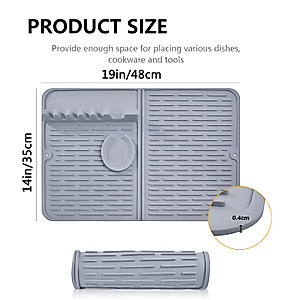 VENMATE Silicone Dish Drying Mats for Kitchen Counter, Heat Resistant Mat, Spoon Rest, Utensil Rest spatula holder with Drip Mat, Sink Mat with Cooking Spoon Holder(Grey(19" x 14"))