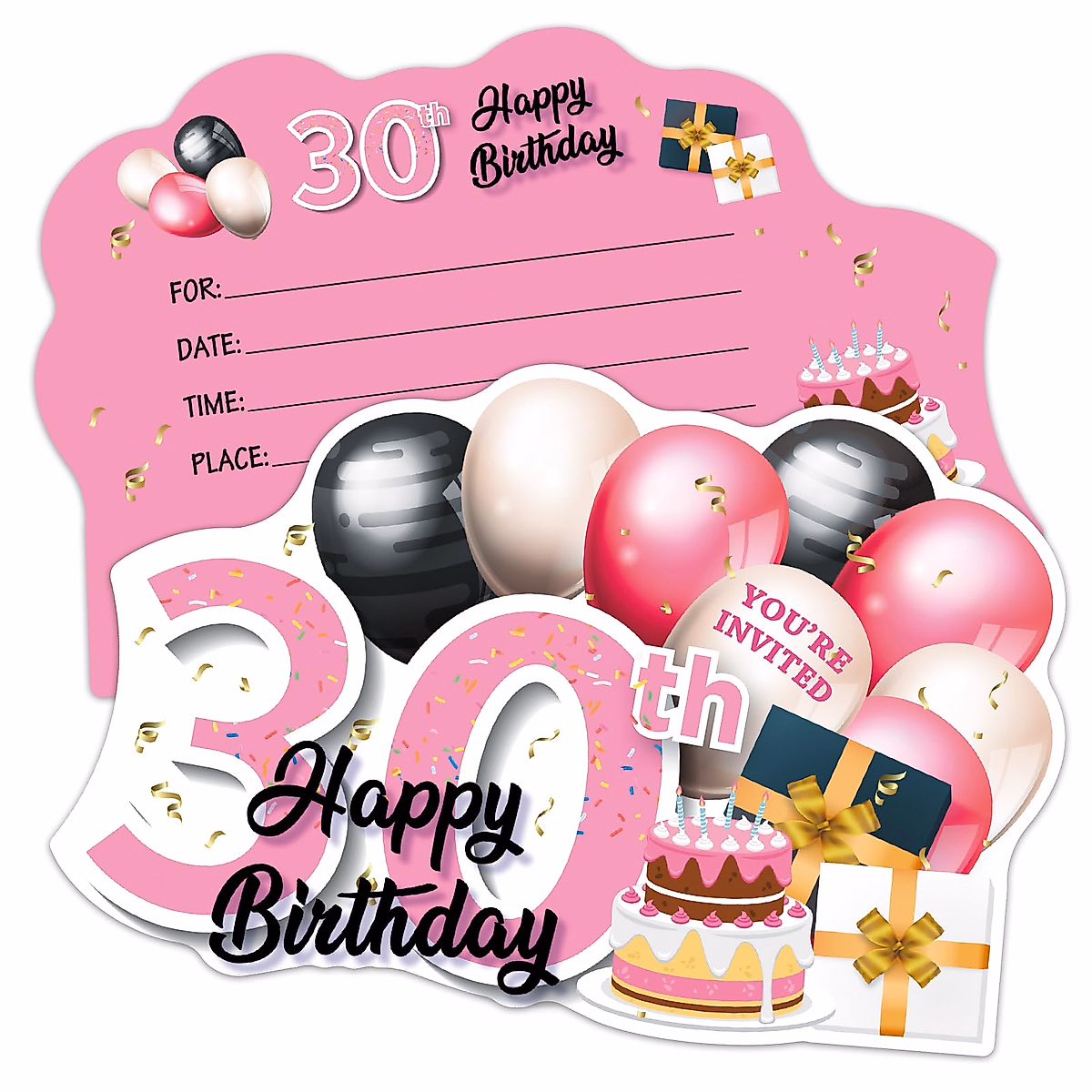 ERHACHAIJIA 20 PCS Pink & Black Golden Balloons & Cake Shaped Fill-In Invitations Cards With Envelopes, Funny 30th Happy Birthday Party 30 Year Old Birthday Invites For Women Lady Wife Mom Adults