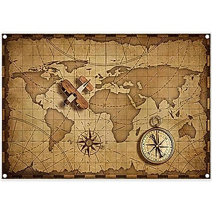 Swepuck 84x60inch Vintage World Map Backdrop Airplane Travel Photography Background Kids Birthday Party Decorations Baby Shower Photo Booth Props