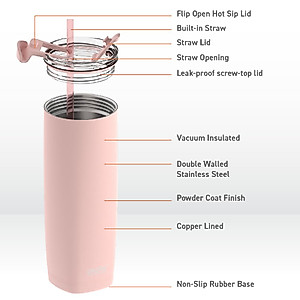 asobu Aqualina Stainless Steel Insulated Water Bottle with Interchangeable Hot and Cold Lid and Built in Straw (Pink)