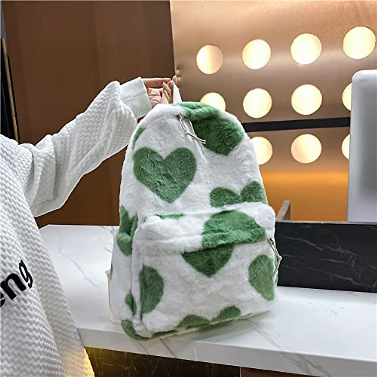 Tomato City Fuzzy Backpack Fluffy School Shoulder Bag Purse Pink Heart Pattern (Green Heart,Faux Fur), Medium