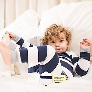 Burt's Bees Kids Boys' Toddler Pajama Tee and Pant Set, 100% Organic Cotton, Midnight Rugby Stripe, 7 Years