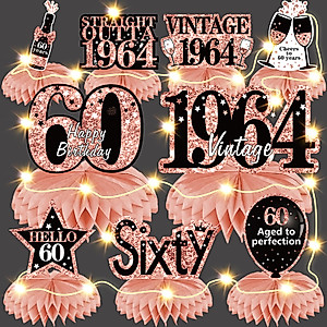 Bumqviy 9Pcs 60th Birthday Honeycomb Centerpieces Decorations with String Lights for Women, Rose Gold Pink Happy 60 Birthday Table Party Supplies, Vintage 1964 Aged to Perfection Birthday Table Sign