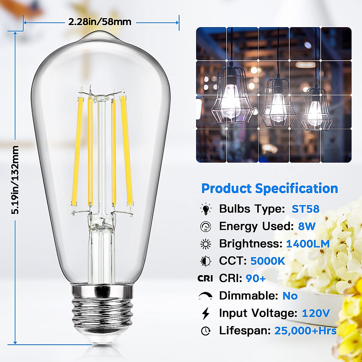 4-Pack Vintage E26 LED Edison Bulbs 100W Equivalent 1400LM High Brightness 8W ST58 LED Filament Light Bulbs 5000K Daylight White Medium Base CRI90+ Antique Clear Glass for Home Kitchen, Non-dimmable